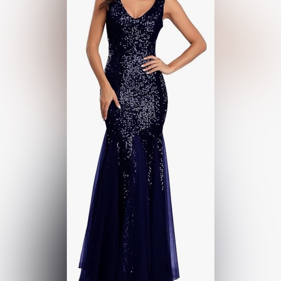 Dresses | Navy Blue Sequin Dress Tulle Sexy Vneck Formal Long Evening ...